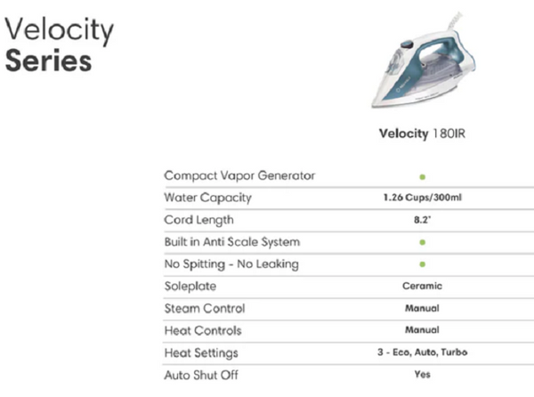 Reliable Velocity 180IR Steam Iron - wotever inc.
